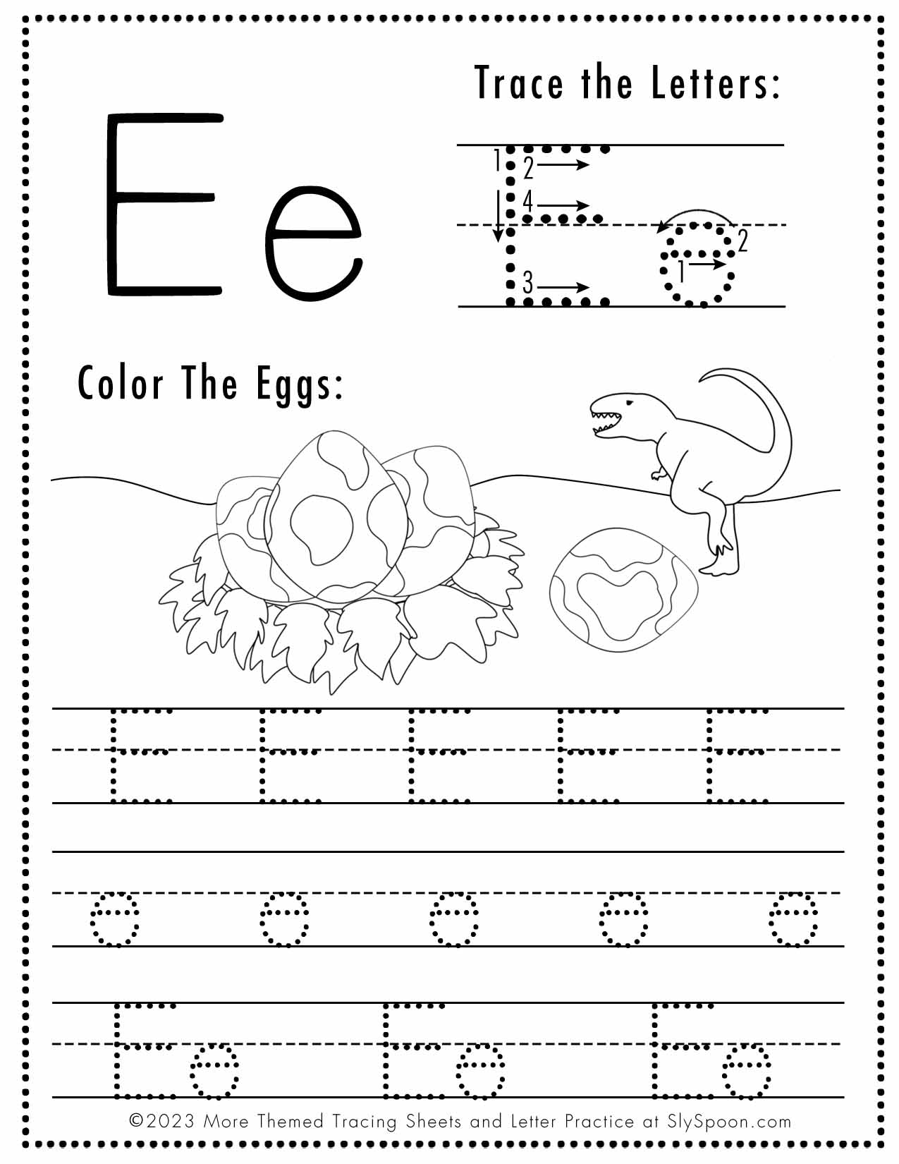 Free Letter E Tracing Worksheet Printable Dinosaur Themed Sly Spoon Free Letter E Tracing Worksheet Printable Dinosaur Themed Sly Spoon