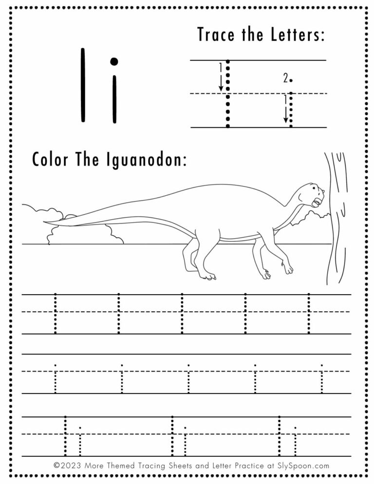 Free Letter I Tracing Worksheet (Printable) Dinosaur Themed - Sly Spoon