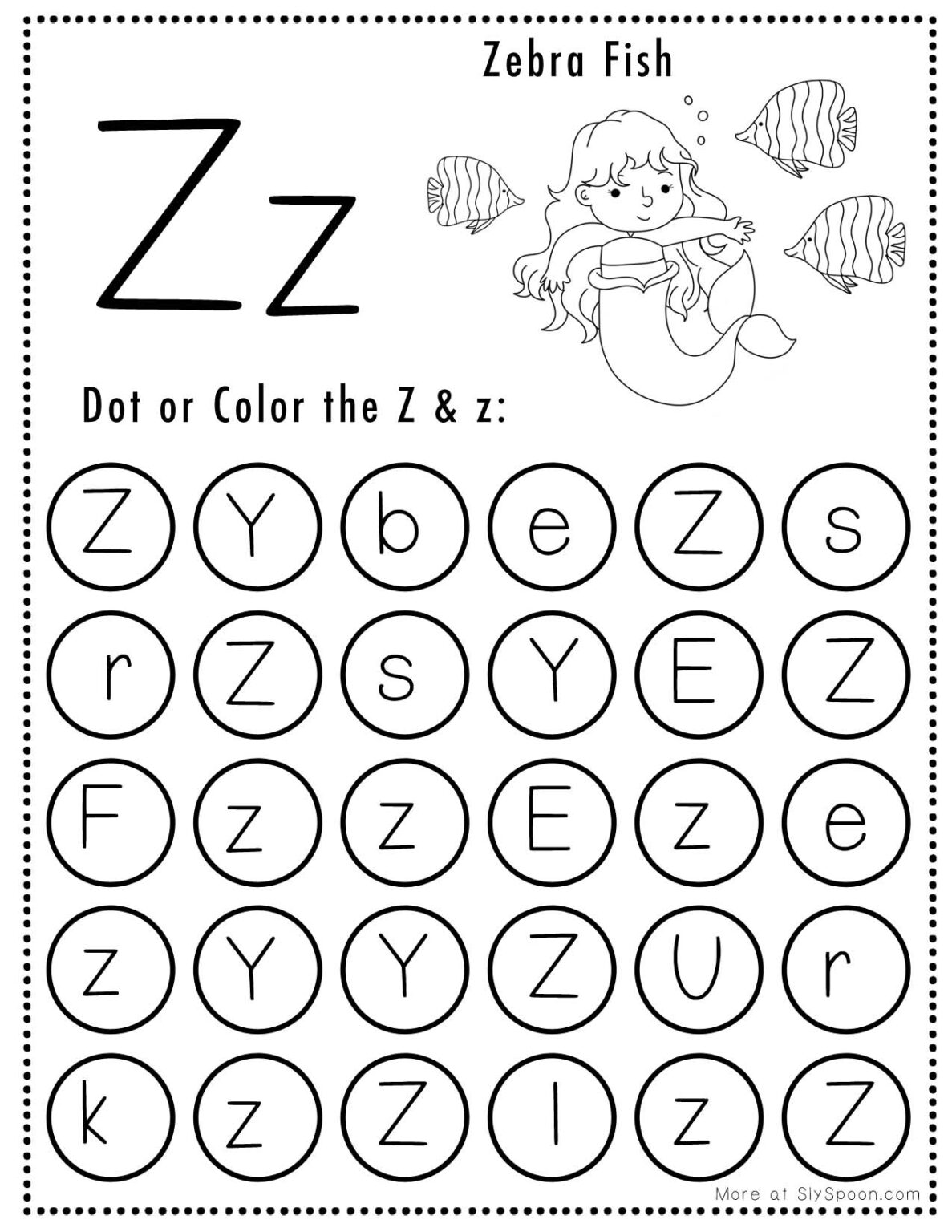 Free Alphabet Do a Dot Printables Worksheets - Letter Z (Mermaid Themed ...