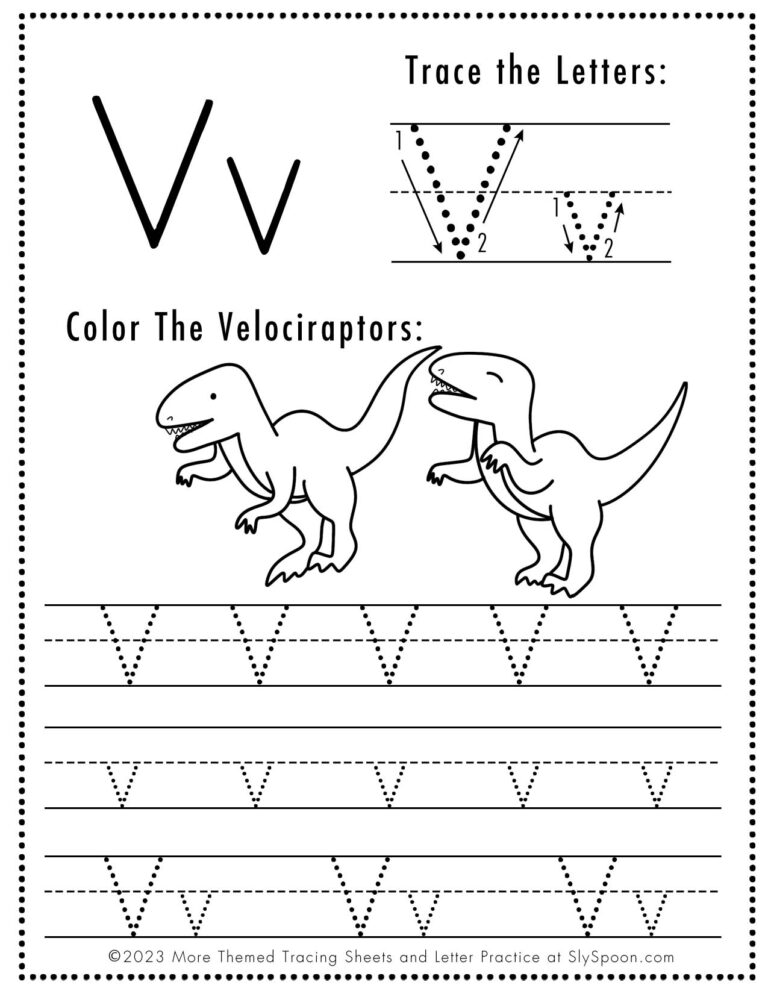Free Letter V Tracing Worksheet (Printable) Dinosaur Themed - Sly Spoon