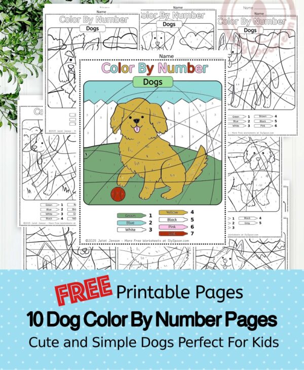 11 Free Printable Dog Themed Color by Number Pages for Kids with a Cute ...