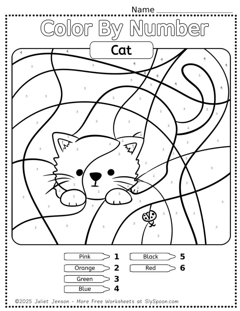 10 Free Printable Cat Themed Color by Number Pages for Kids - Sly Spoon
