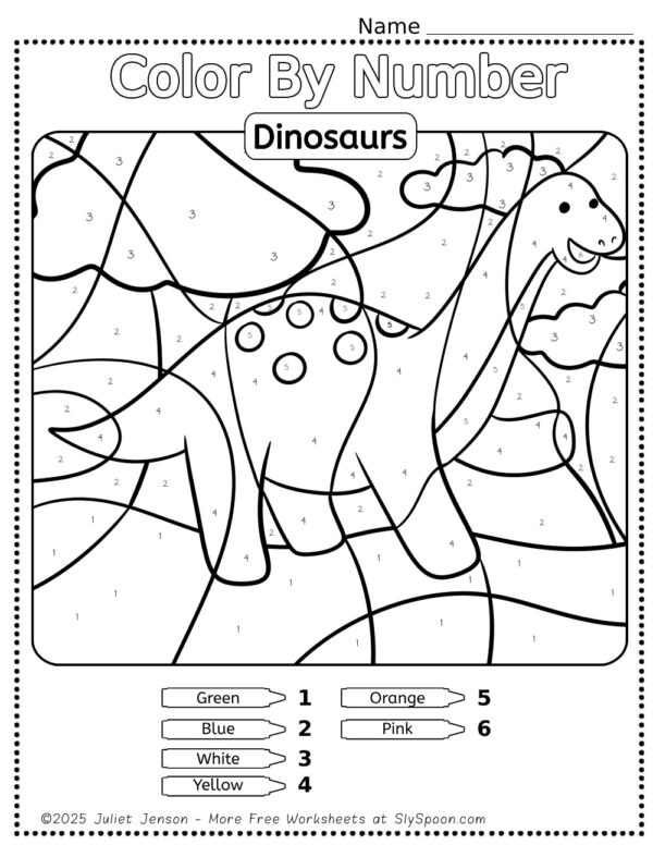 10 Free Printable Dinosaur Themed Color by Number Pages for Kids - Sly ...