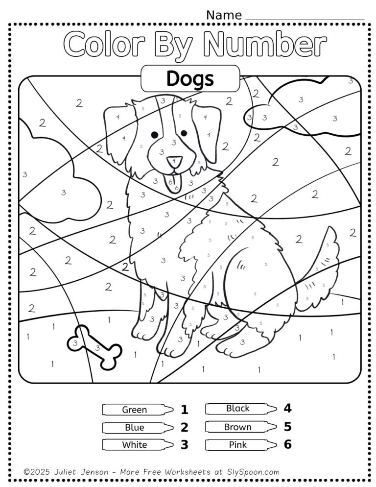 11 Free Printable Dog Themed Color by Number Pages for Kids with a Cute ...