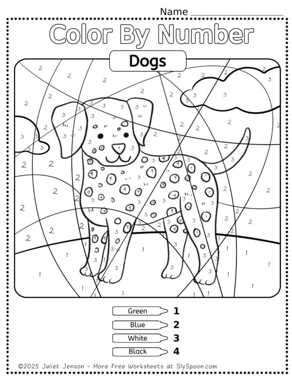11 Free Printable Dog Themed Color by Number Pages for Kids with a Cute ...