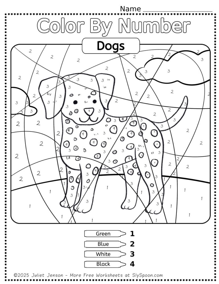 11 Free Printable Dog Themed Color by Number Pages for Kids with a Cute ...