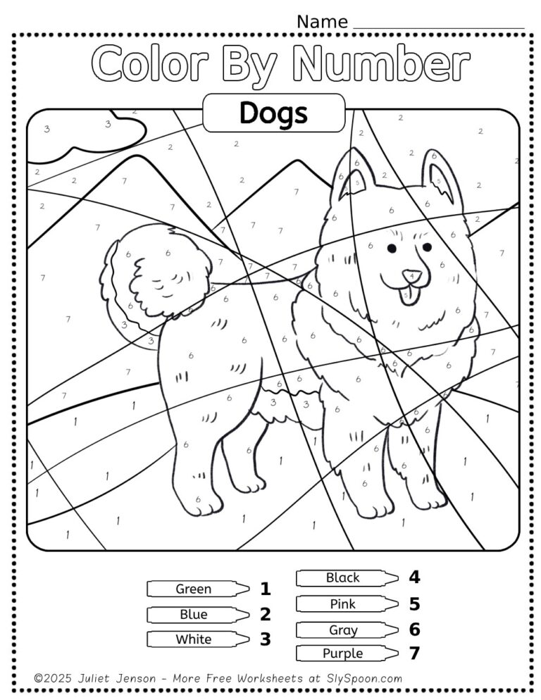 11 Free Printable Dog Themed Color by Number Pages for Kids with a Cute ...