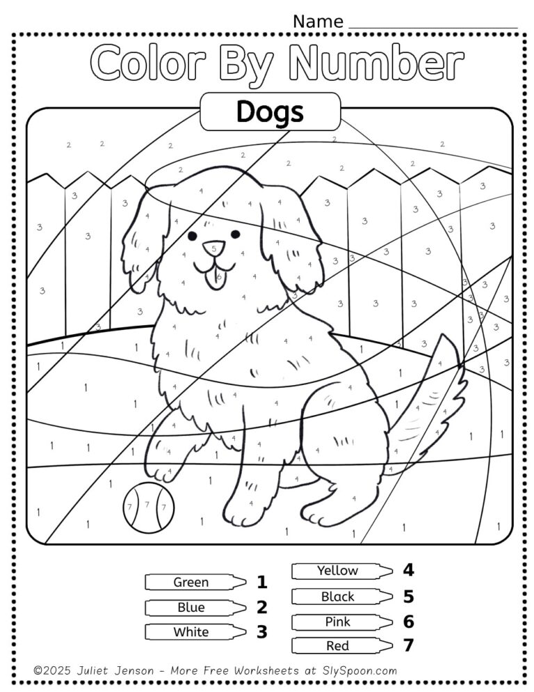 11 Free Printable Dog Themed Color by Number Pages for Kids with a Cute ...