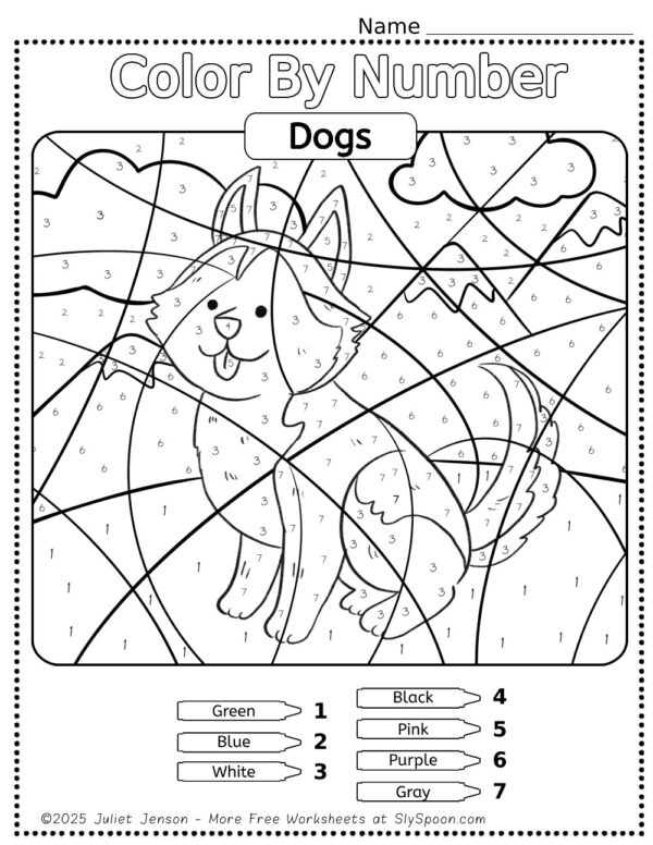 11 Free Printable Dog Themed Color by Number Pages for Kids with a Cute ...