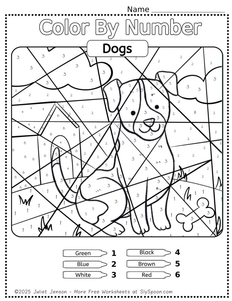 11 Free Printable Dog Themed Color by Number Pages for Kids with a Cute ...