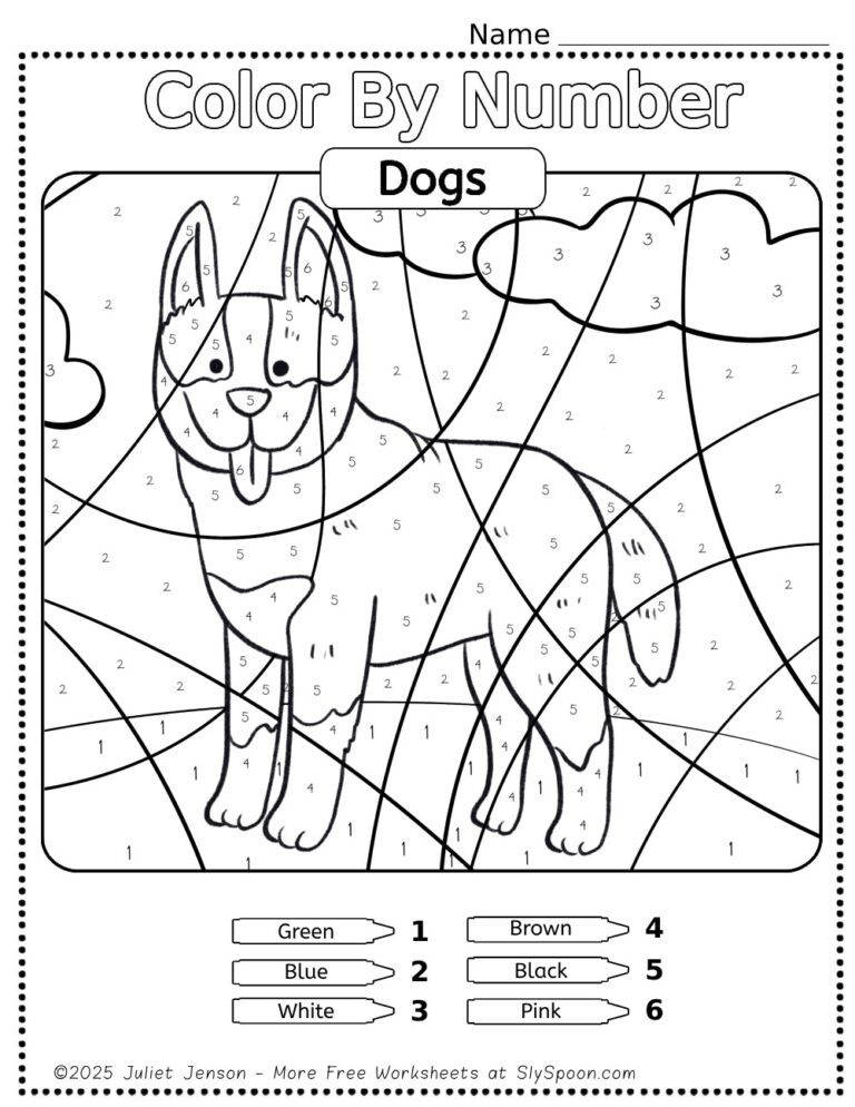 11 Free Printable Dog Themed Color by Number Pages for Kids with a Cute ...