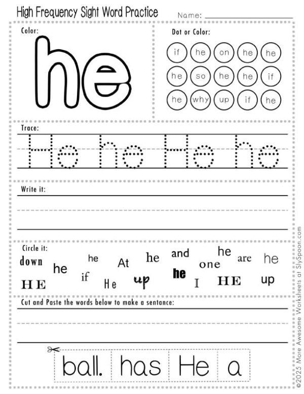 Free Printable High Frequency Sight Word Worksheets for Words: He, For ...