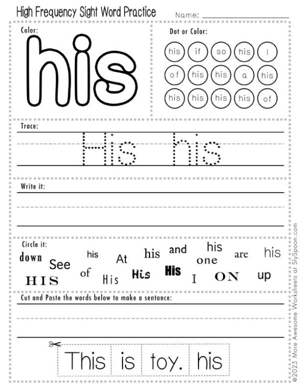 Free Printable High Frequency Sight Word Worksheets for Words: He, For ...