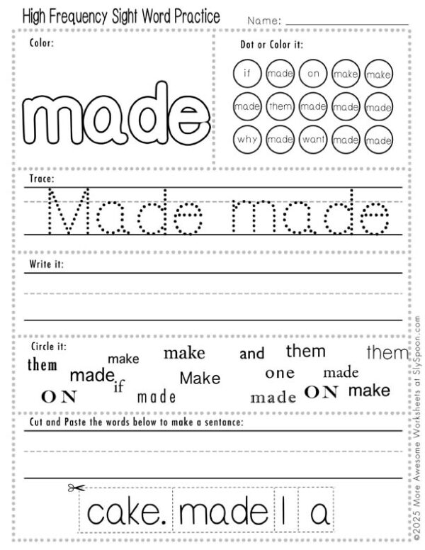 Free Printable High Frequency Sight Word Worksheets for Words: Made ...