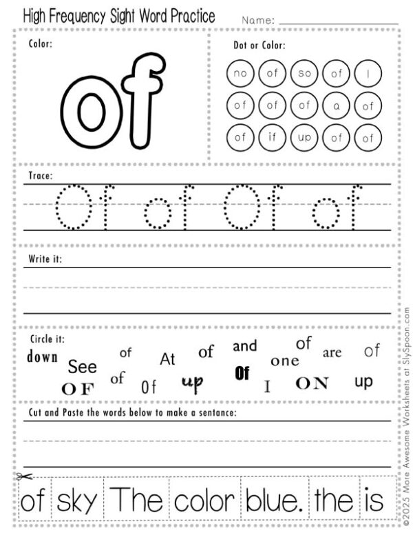 Free Printable High Frequency Sight Word Worksheets for Words: The, Of ...