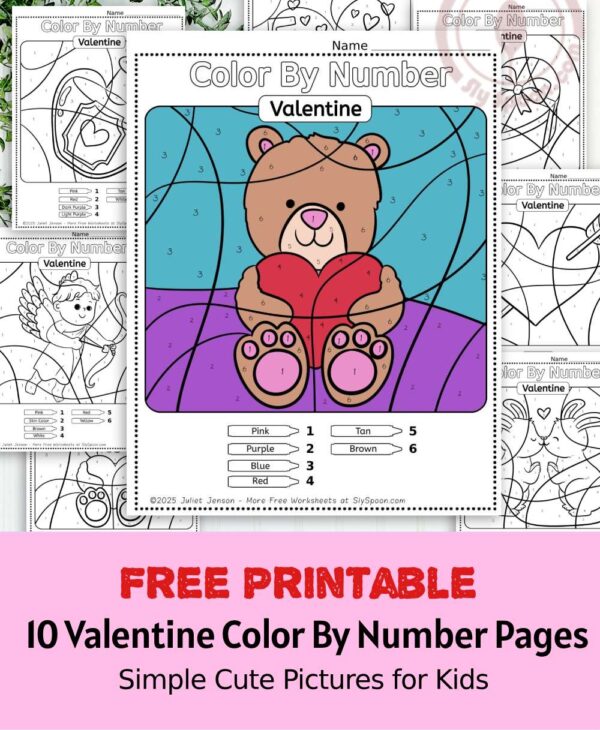 10 Free Printable Valentine Themed Color by Number Worksheets for Easy ...