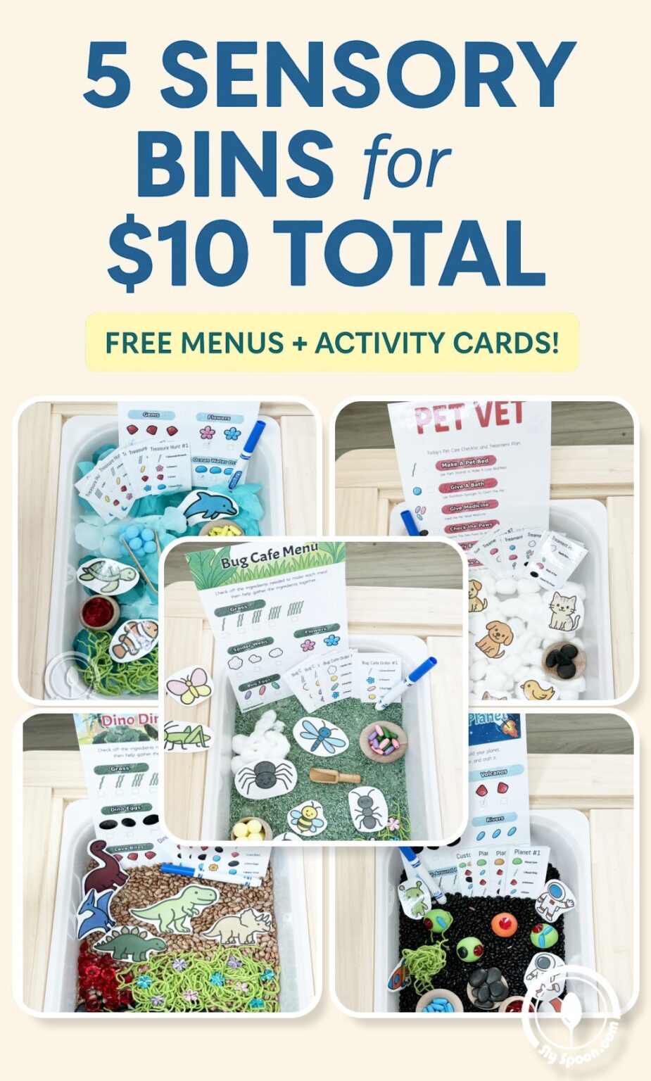 5 Sensory Bins for $10 TOTAL – Free Menus + Activity Cards! - Sly Spoon