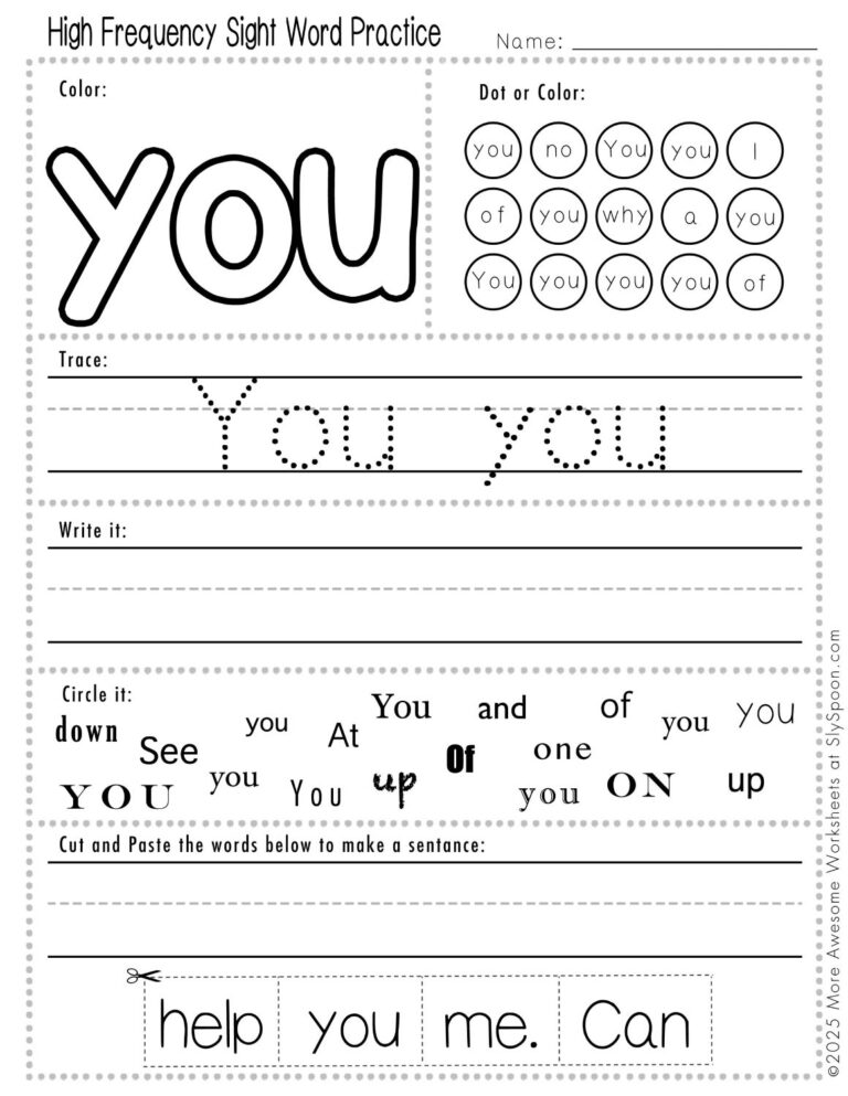 Free Printable “You” Sight Word Worksheets for Kindergarten & First ...