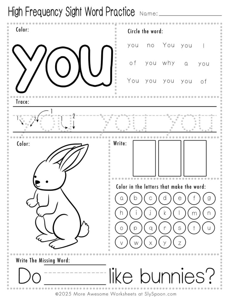Free Printable “You” Sight Word Worksheets for Kindergarten & First ...