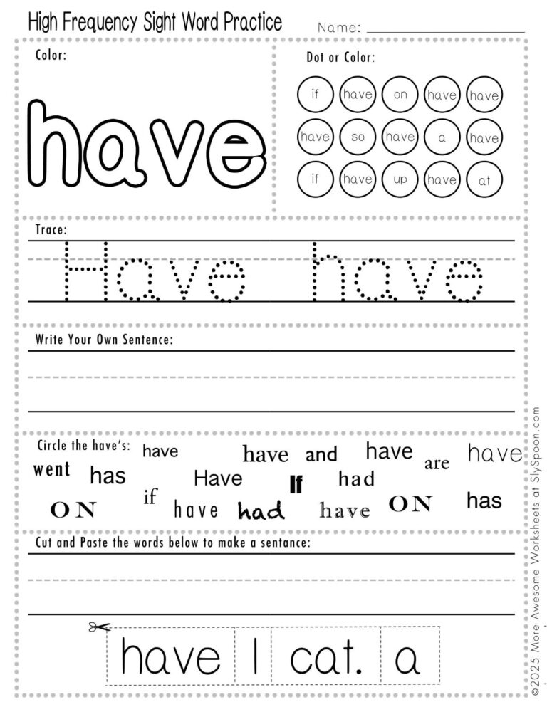 Free Printable “Have” Sight Word Worksheets for Kindergarten & First ...