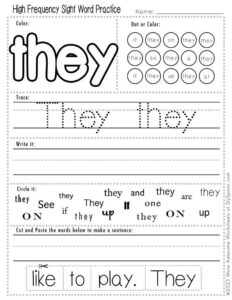 Free Printable “They” Sight Word Worksheets for Kindergarten & First ...