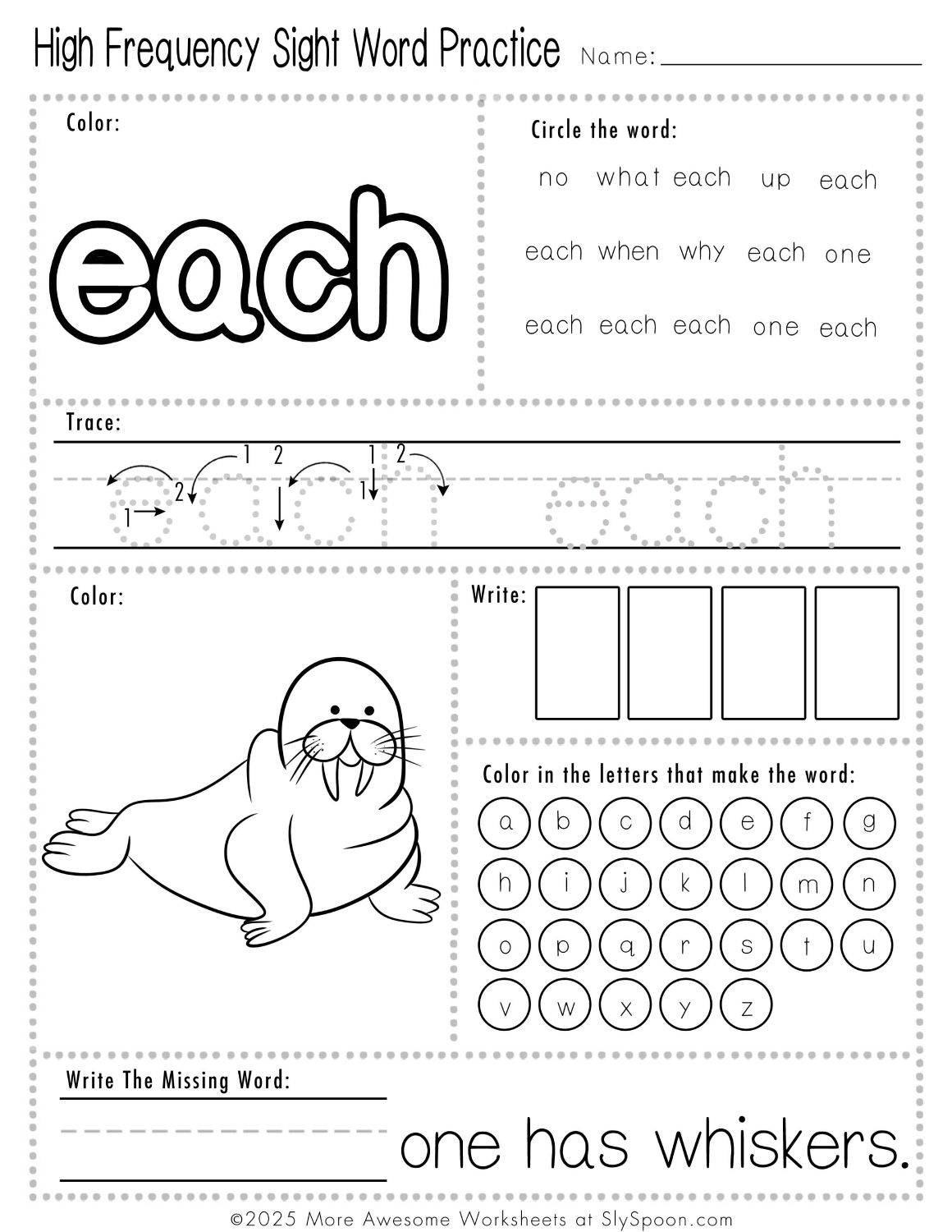 Free Printable “Each” Sight Word Worksheets for Kindergarten & First ...