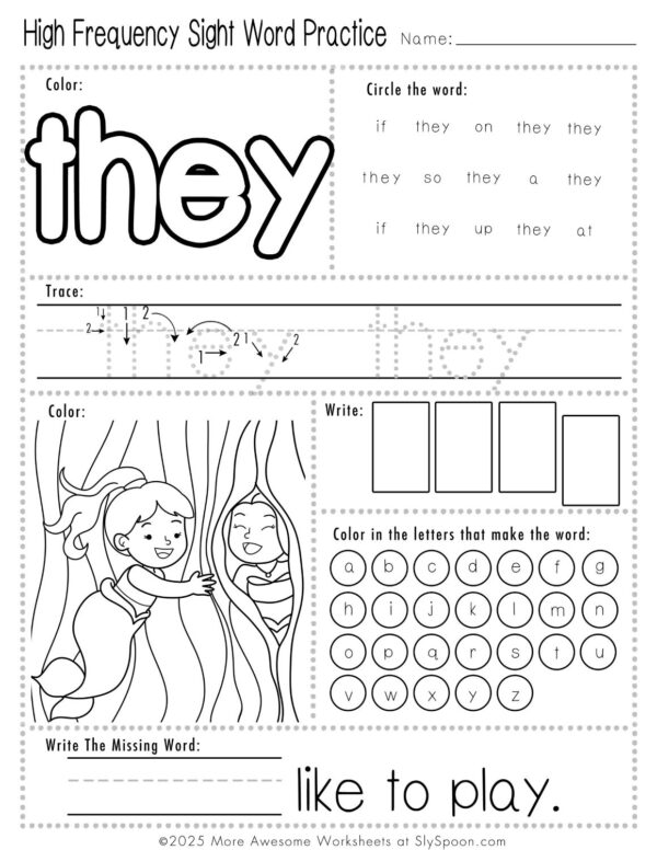 Free Printable “They” Sight Word Worksheets for Kindergarten & First ...