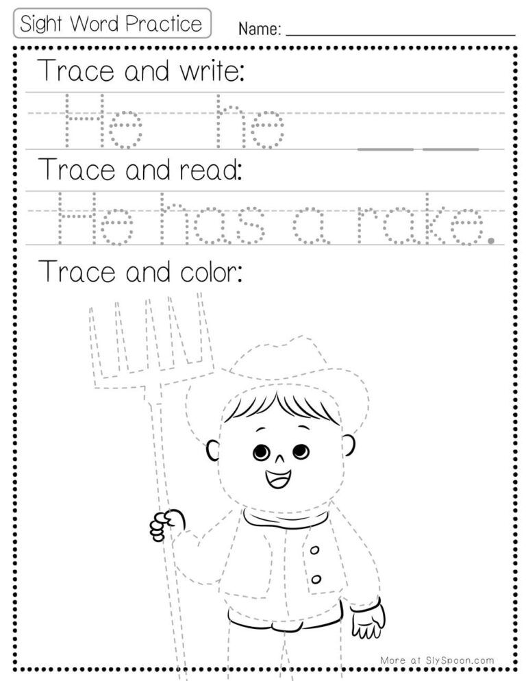 Free Printable “He” Sight Word Worksheets for Kindergarten & First ...