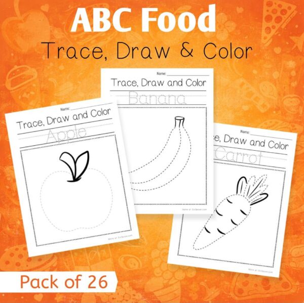 ABC Food Trace, Draw & Color Worksheets | A–Z Alphabet Pencil Control ...